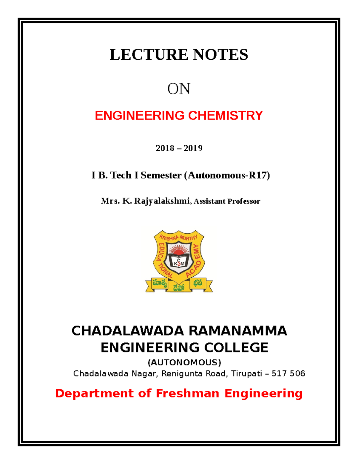 420609818-Chemistry-Notes - LECTURE NOTES ON ENGINEERING CHEMISTRY 2018 ...