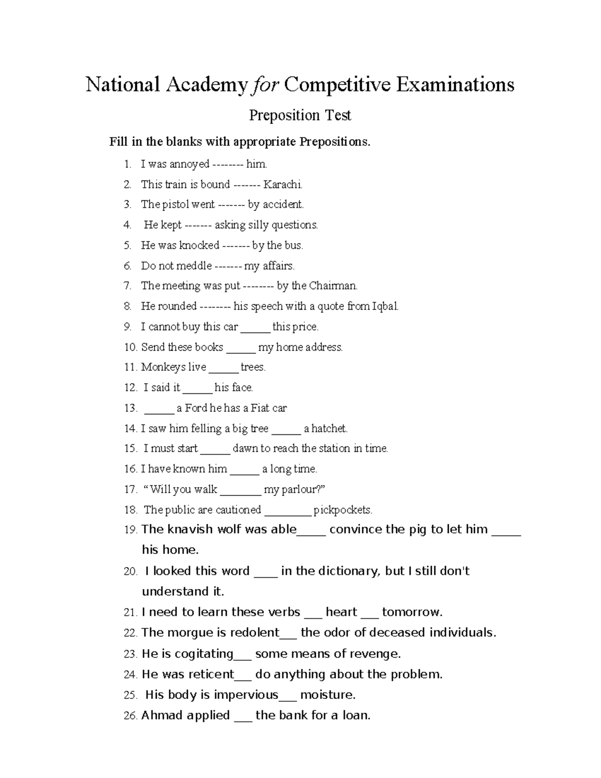 Test- Prepositions - National Academy for Competitive Examinations ...