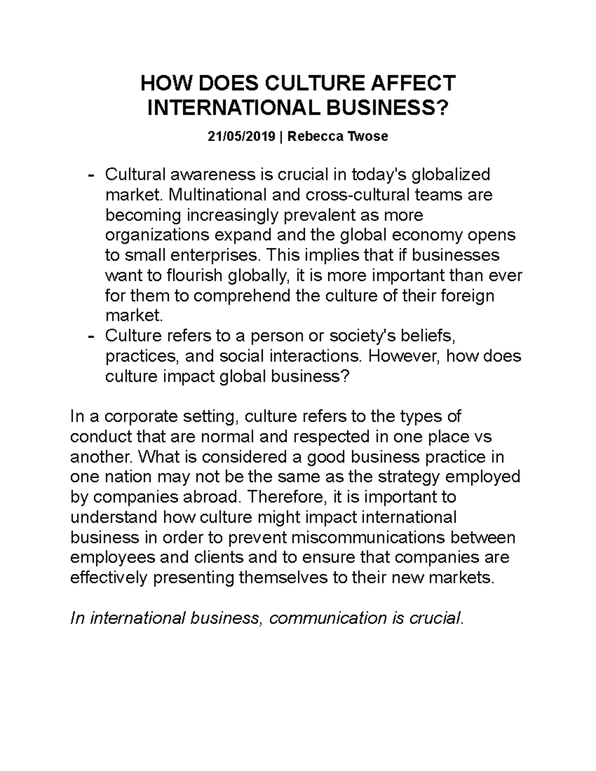 Business Culture - Mr. Jerome - HOW DOES CULTURE AFFECT INTERNATIONAL ...