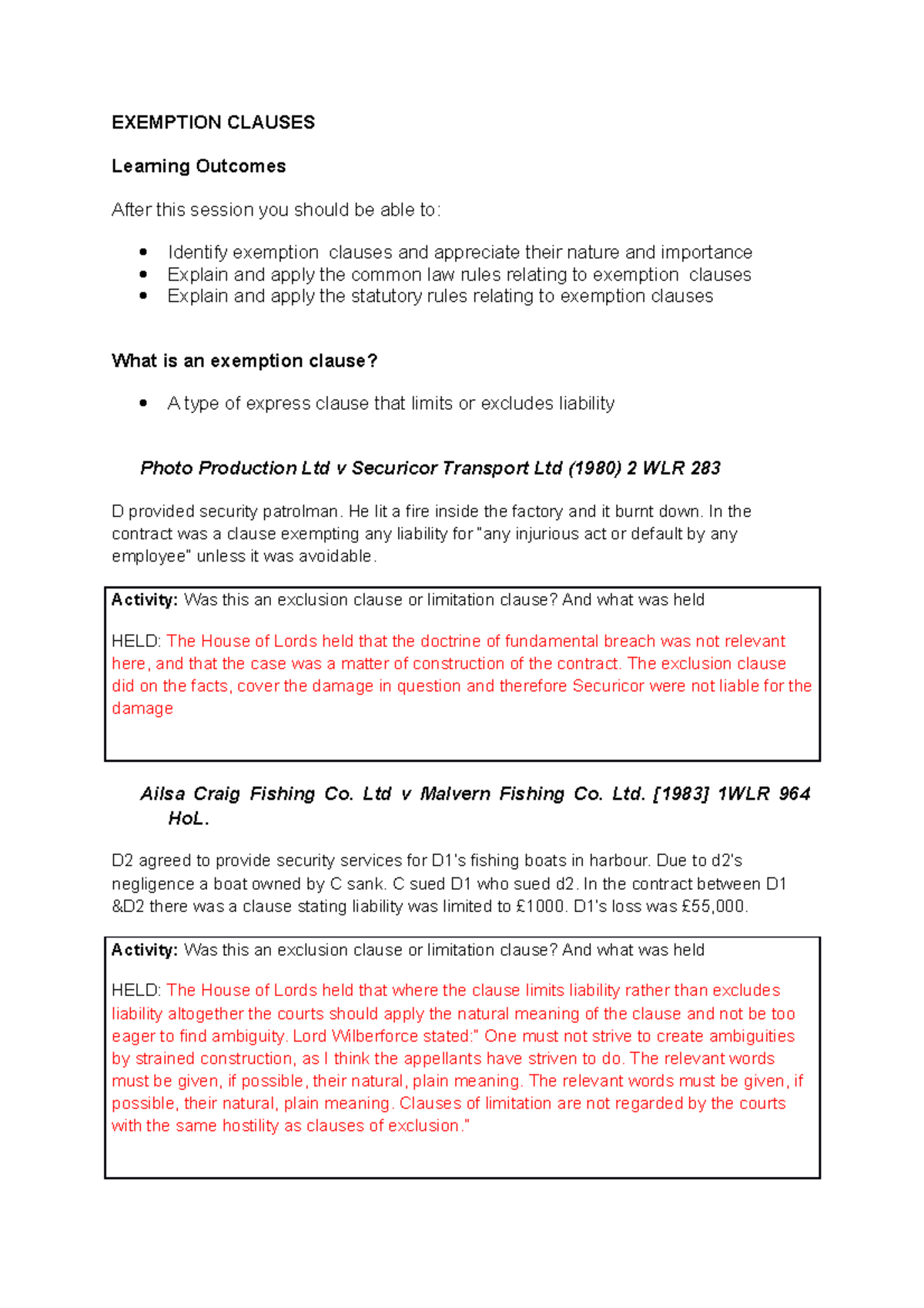 Exemption Clauses Workshop guide week 6 - EXEMPTION CLAUSES Learning ...