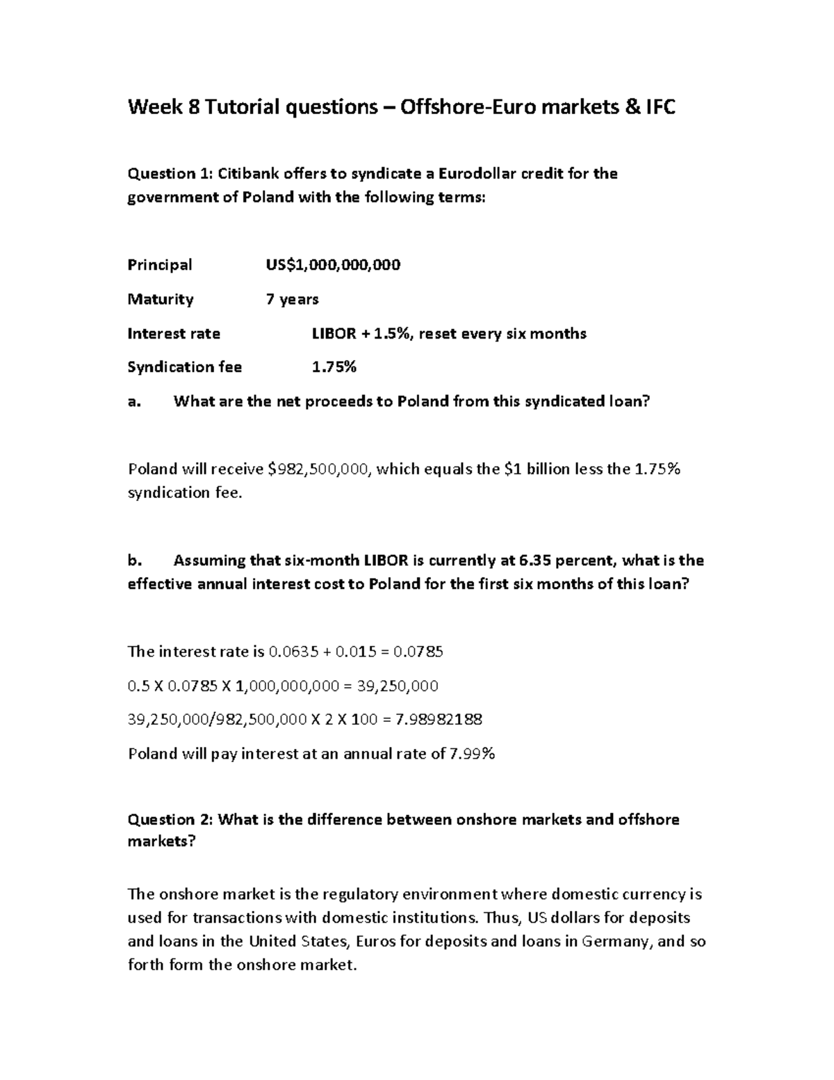 Week 8 Tutorial solutions - Offshore Euro - Week 8 Tutorial questions ...