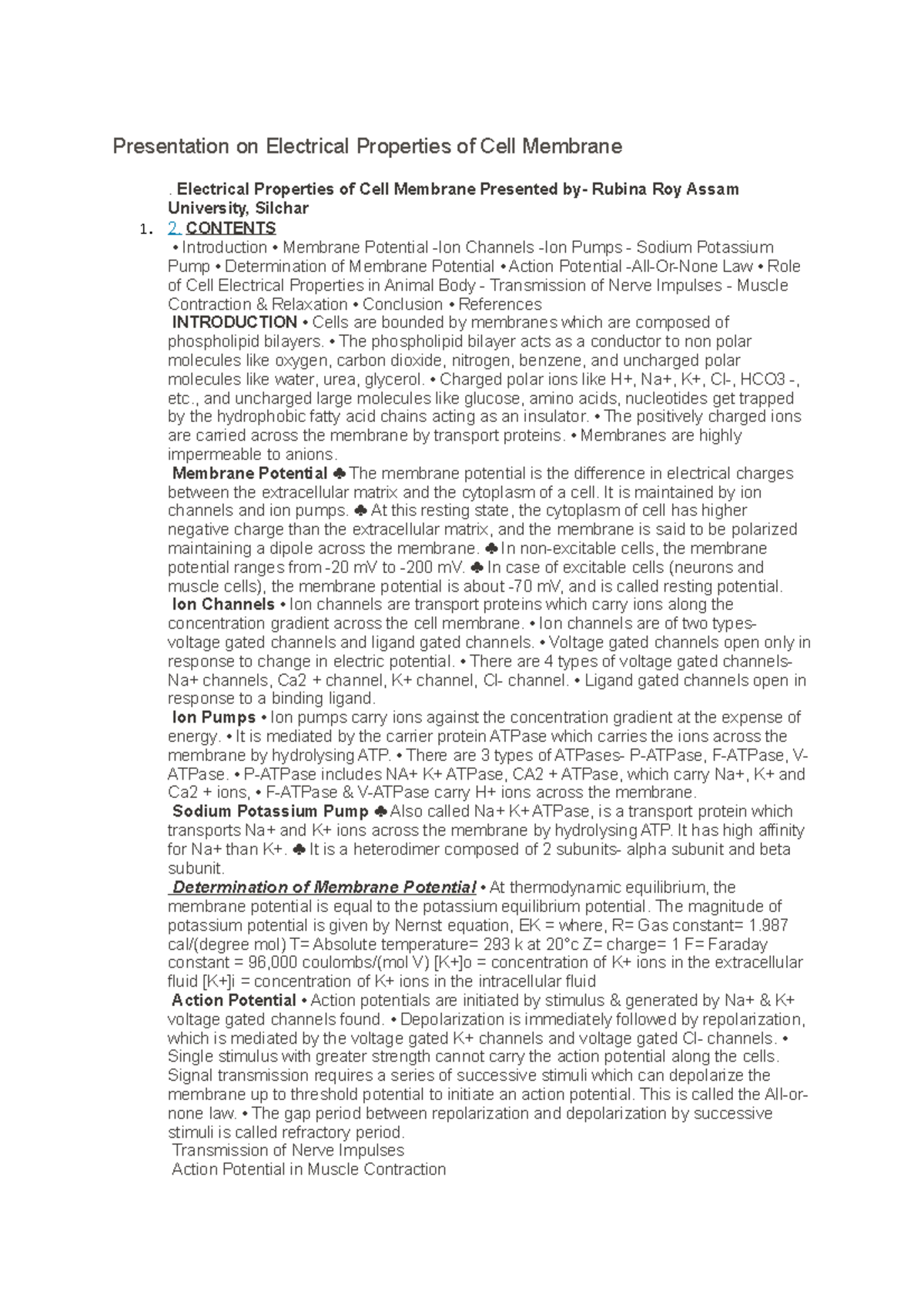 Electrical Properties of Cell Membrane - Electrical Properties of Cell Membrane Presented by ...
