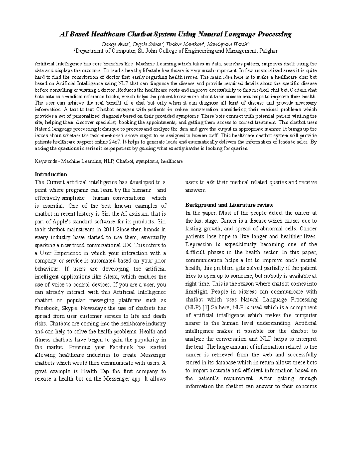 BE Paper - AI Based Healthcare Chatbot System Using Natural Language ...