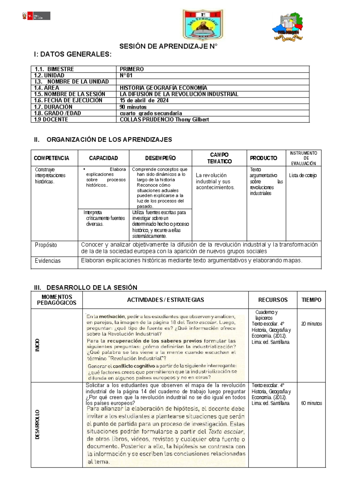 Sesión DE Aprendizaje 6 N 4º u1 - SESIÓN DE APRENDIZAJE N° I: DATOS GENERALES: 1. BIMESTRE ...