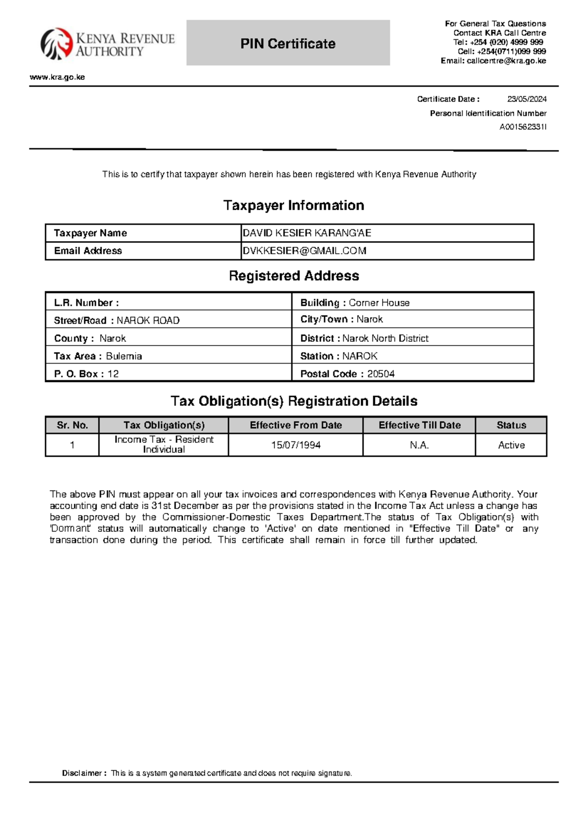 A001562331 I - kra.go For General Tax Questions Contact KRA Call Centre ...