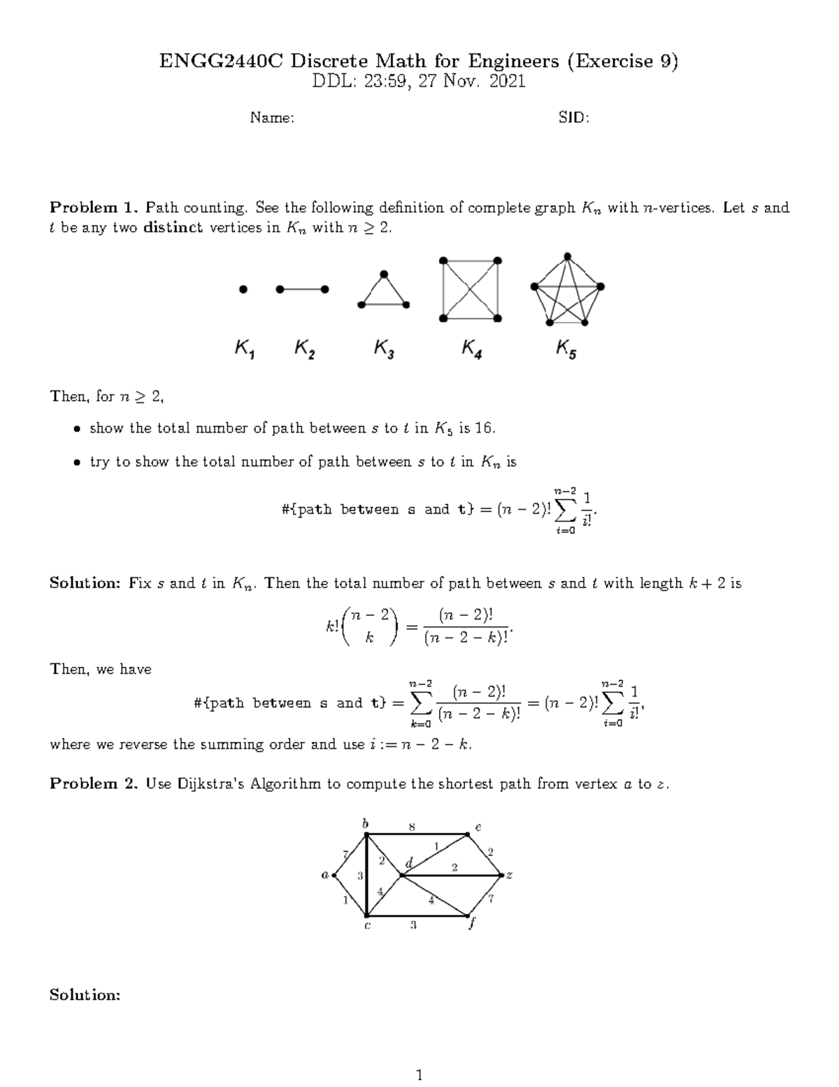 Ex9 sol - Solution - ENGG2440C Discrete Math for Engineers (Exercise 9 ...