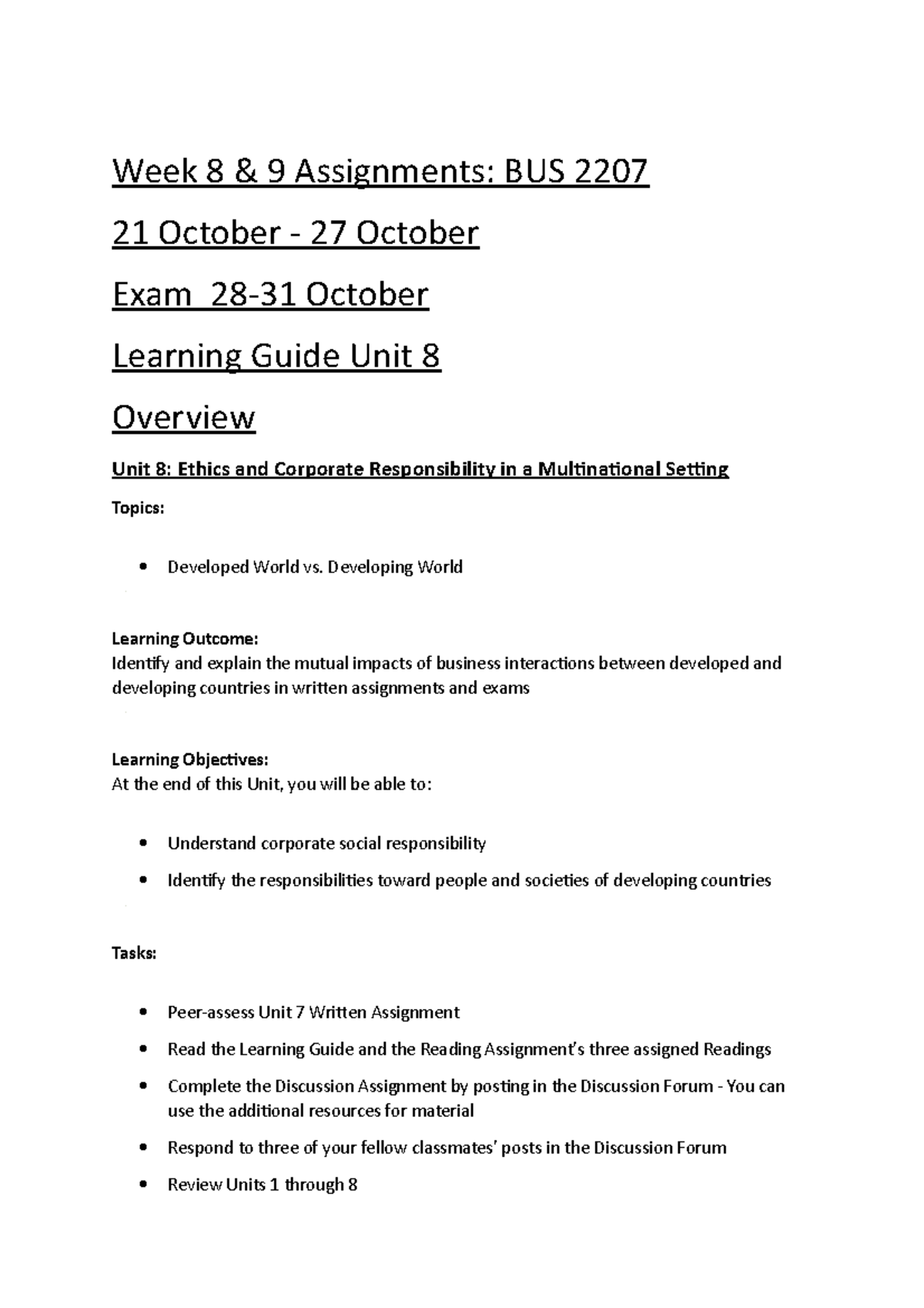 Week 8 Assignments - Online Peer assessment - Week 8 & 9 Assignments: BUS 2207 21 October - 27 ...