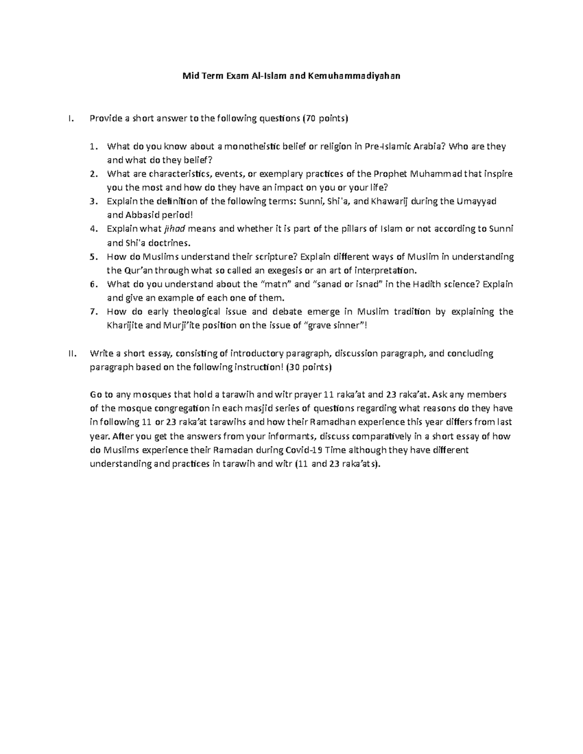 Mid Term Exam Al Islam - Mid Term Exam Al-Islam and Kemuhammadiyahan I ...
