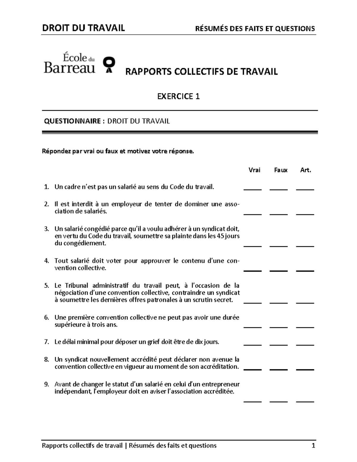 Rapports-collectifs-exercices - DROIT DU TRAVAIL RÉSUMÉS DES FAITS ET ...