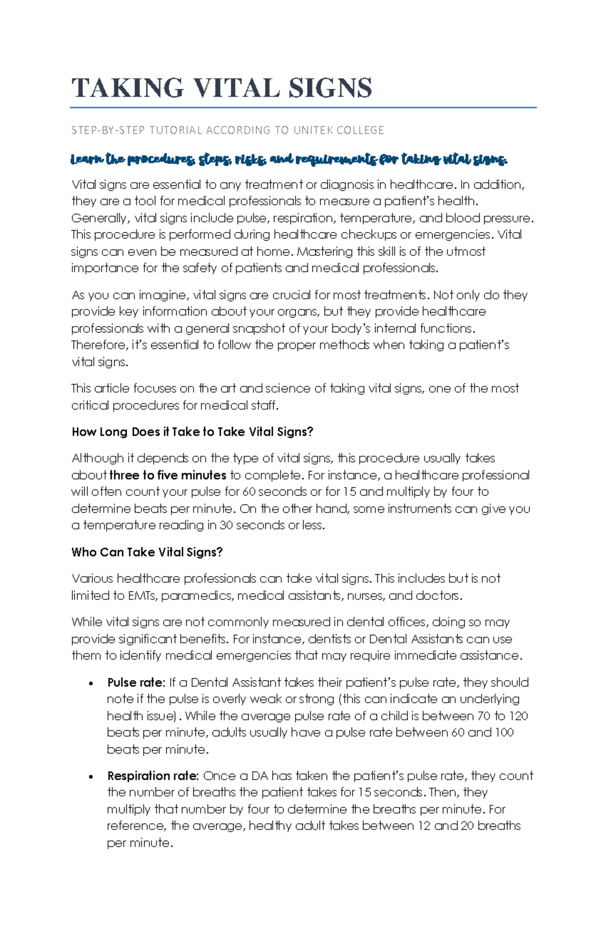 Taking Vital SIgns - TAKING VITAL SIGNS STEP-BY-STEP TUTORIAL ACCORDING ...