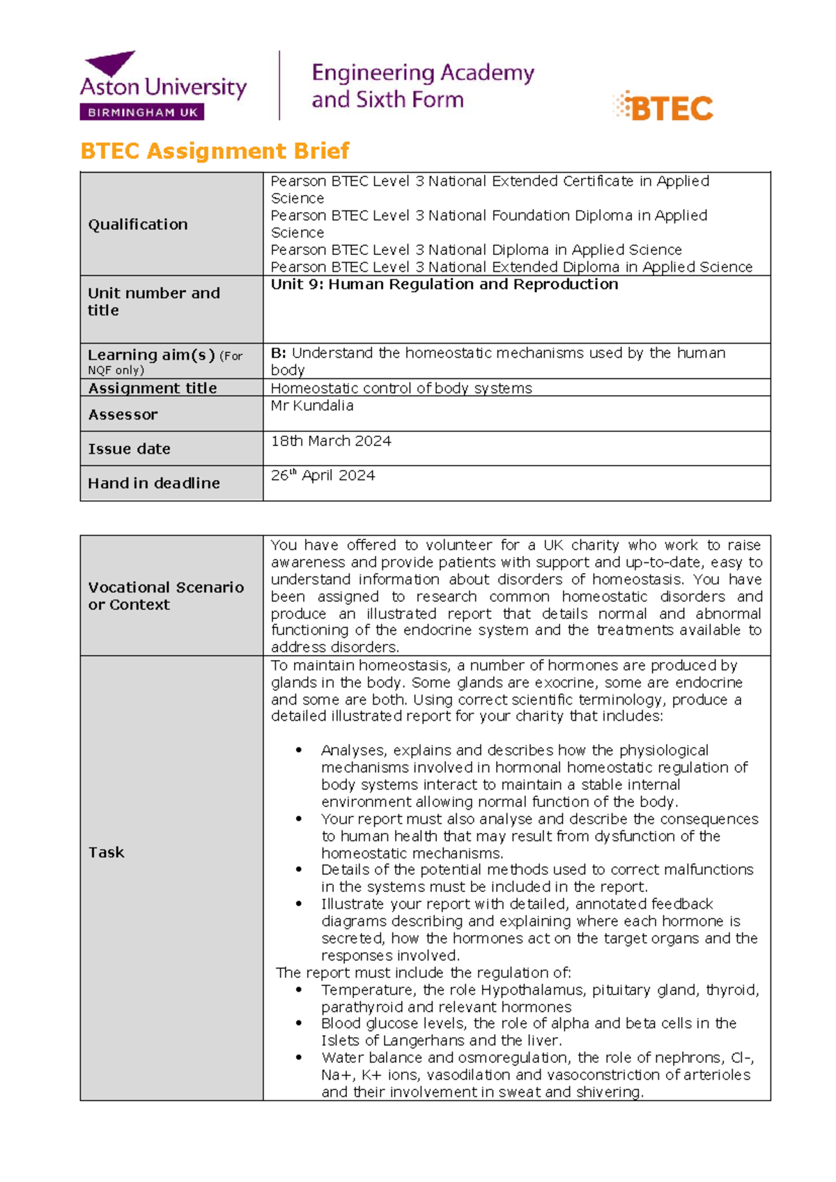 Unit 9 Learning Aim B - BTEC Assignment Brief Qualification Pearson ...