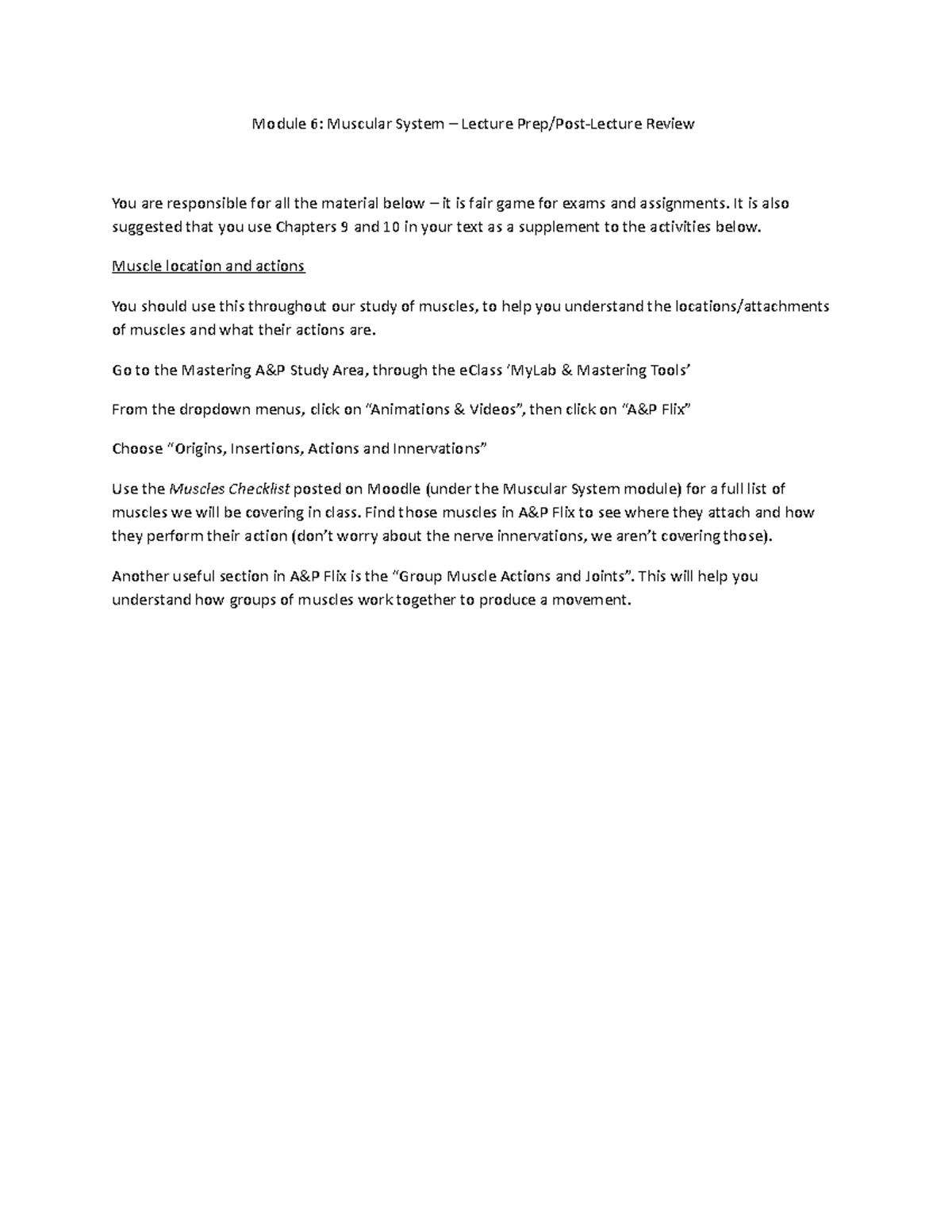 Muscles Lecture Review - Module 6: Muscular System – Lecture Prep/Post-Lecture Review You are ...