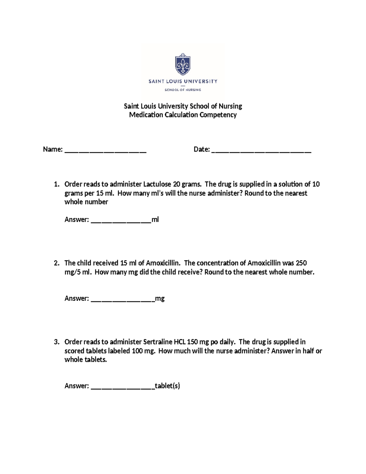 Practice Med Calc Exam - Saint Louis University School of Nursing ...