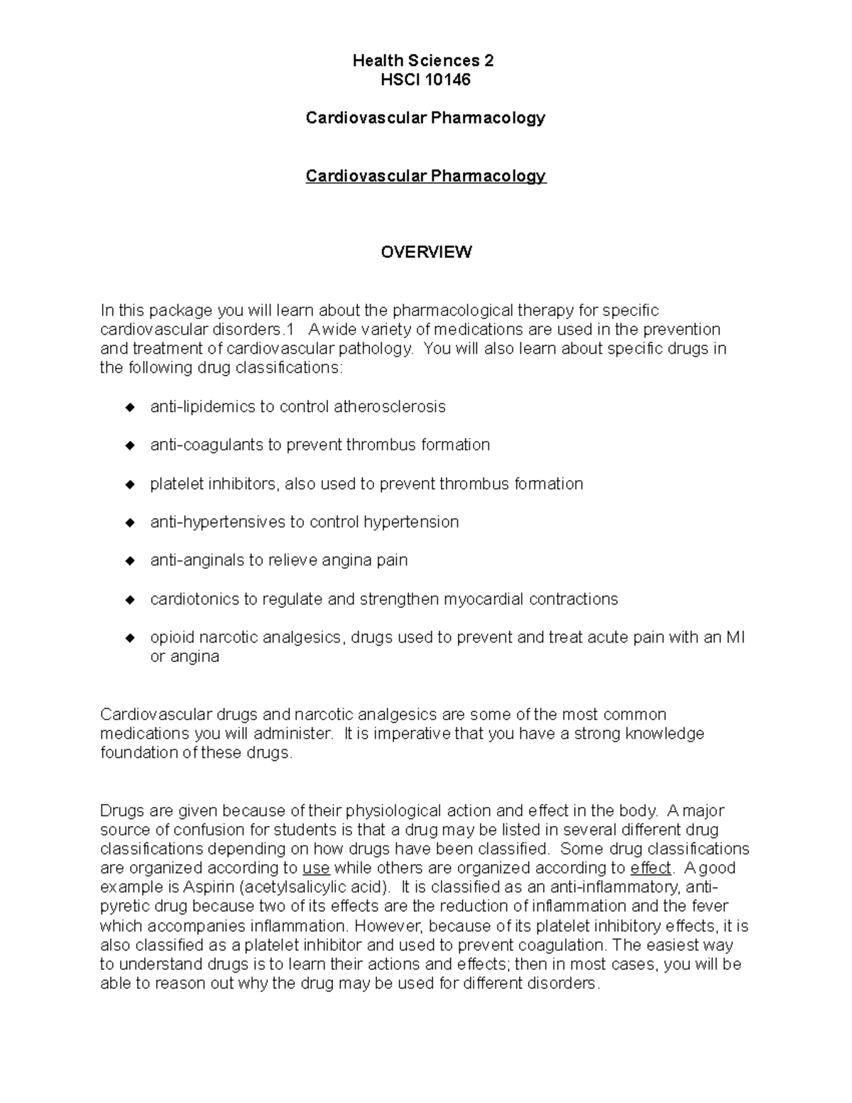 8)HS2Cardiovascular Pharmacology Learning Package - HSCI 10146 ...