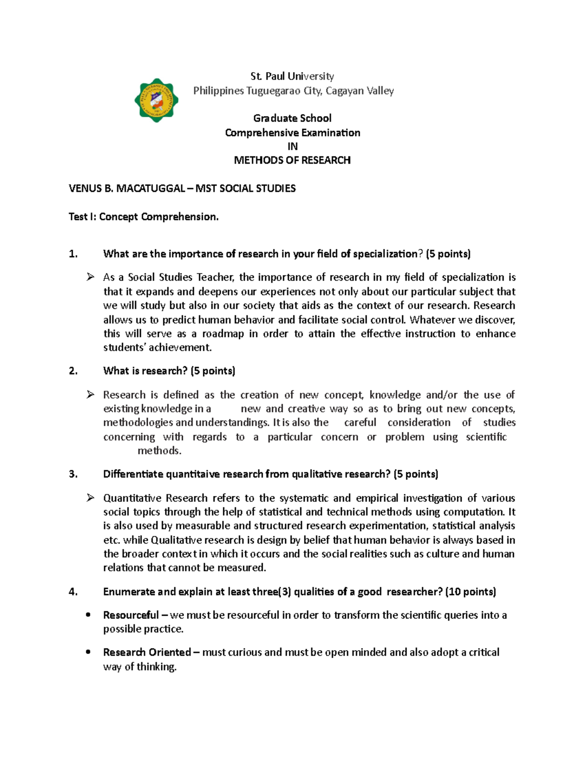Comprehensive Examination in Methods of Research December 2022 - St ...