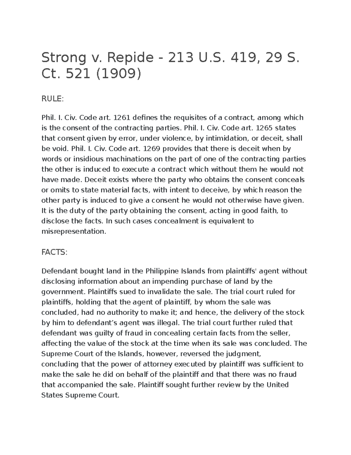 Agnecy-Strong v S Guiterrez Repide - Strong v. Repide - 213 U. 419, 29 ...
