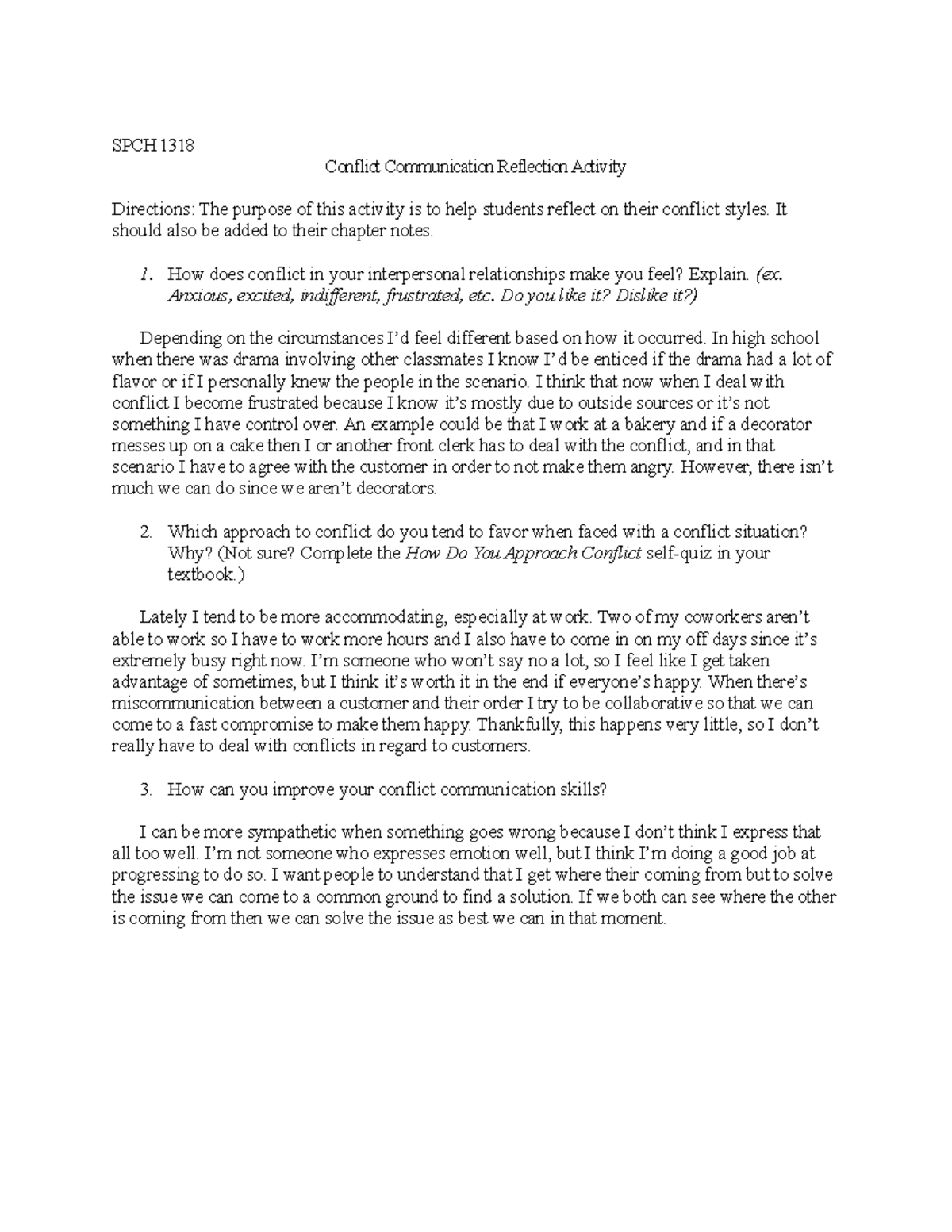 Conflict Reflection Activity - SPCH 1318 Conflict Communication ...