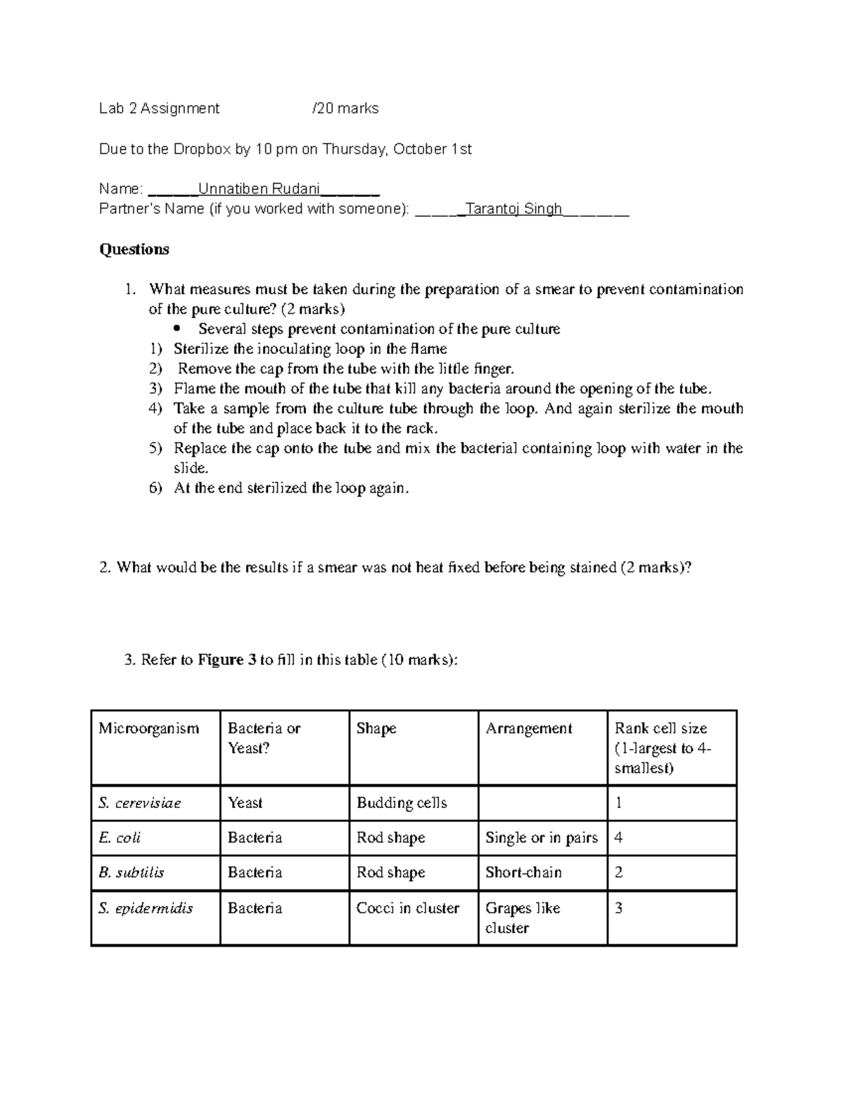 Lab 2 Assignment - Lab 2 Assignment /20 marks Due to the Dropbox by 10 ...