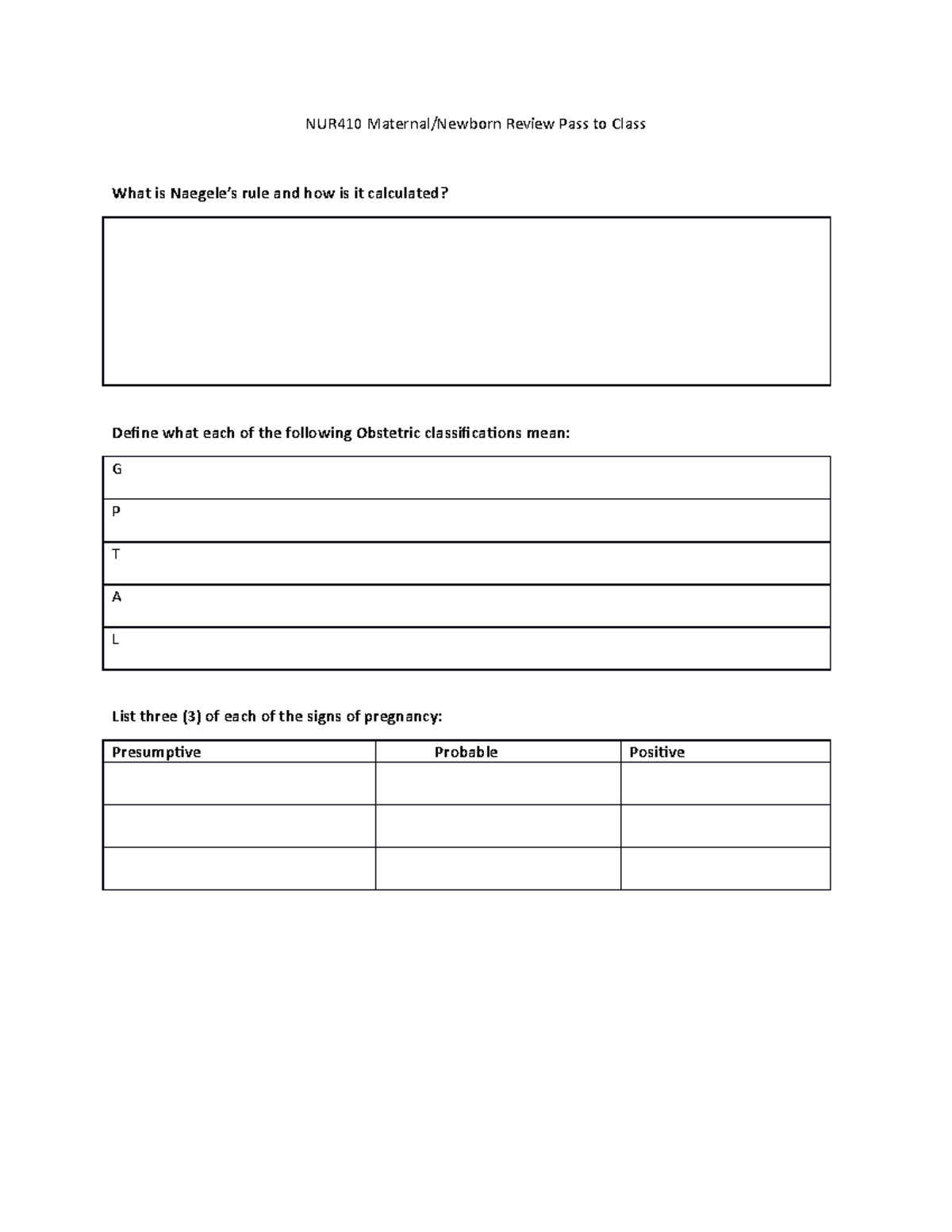 Maternal Newborn worksheet - NUR410 Maternal/Newborn Review Pass to ...