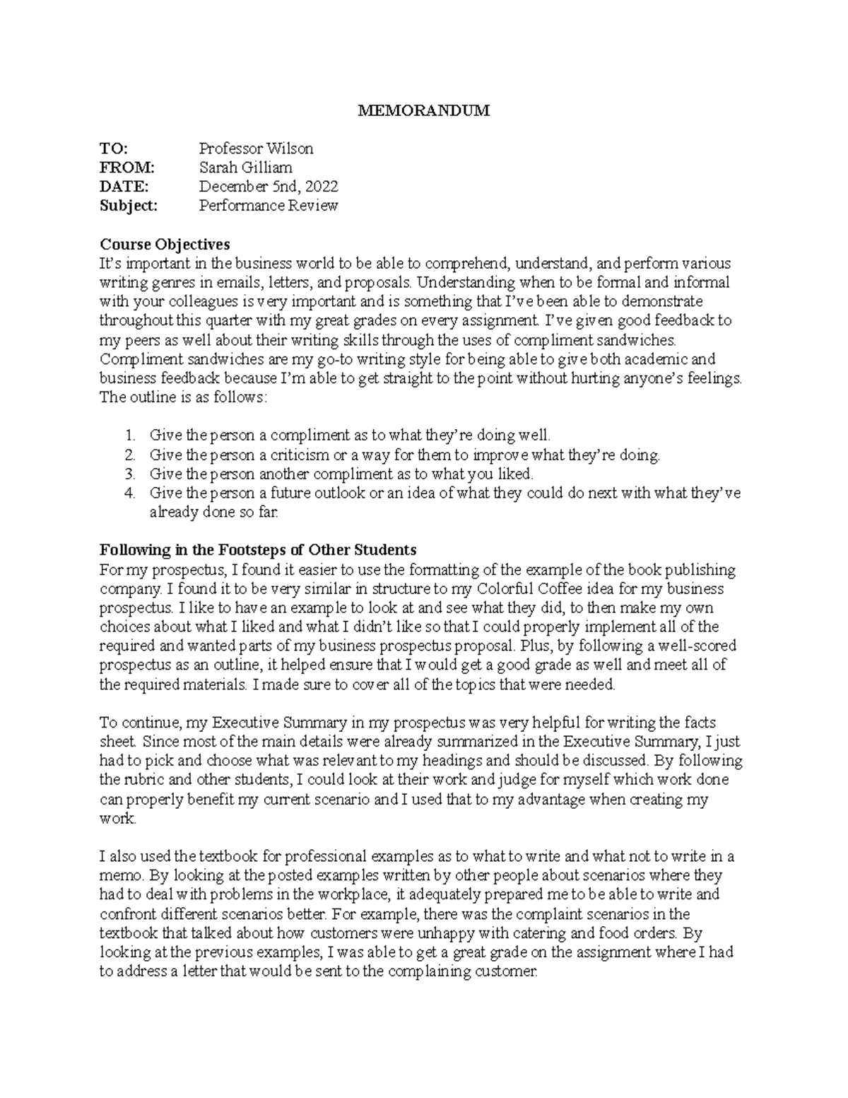 Memo for Business Writing Class - MEMORANDUM TO: Professor Wilson FROM ...