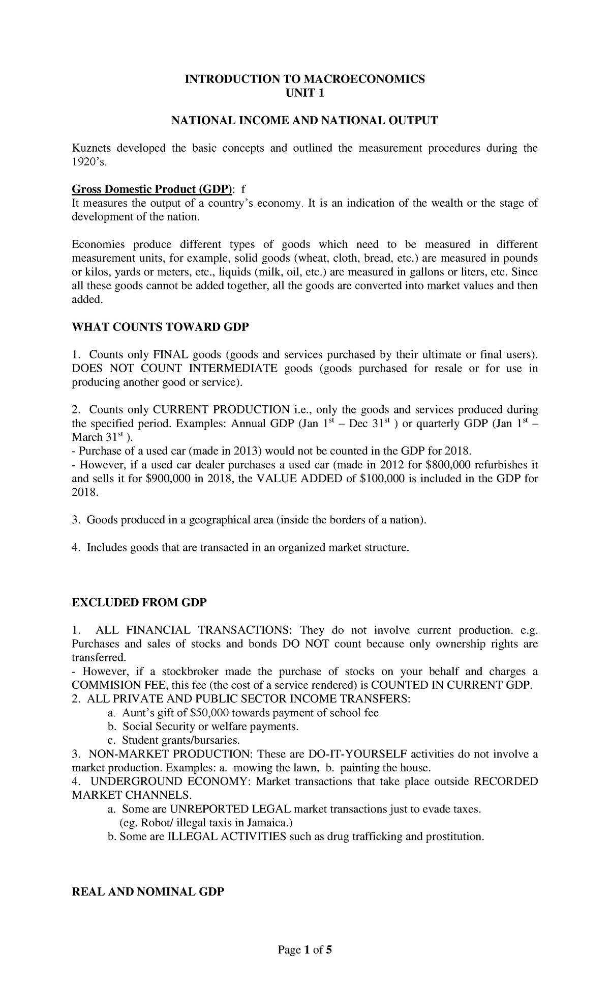 Unit 1 GDP - Simple Notes - INTRODUCTION TO MACROECONOMICS UNIT 1 ...