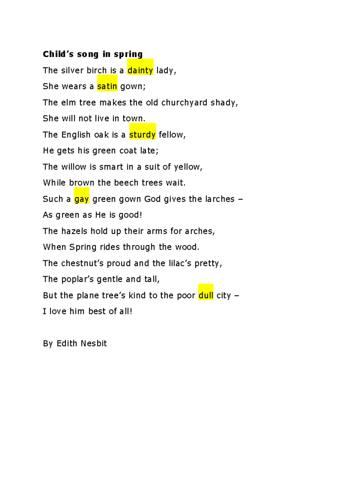 Tree Poem for class 6 - Child’s song in spring The silver birch is a ...