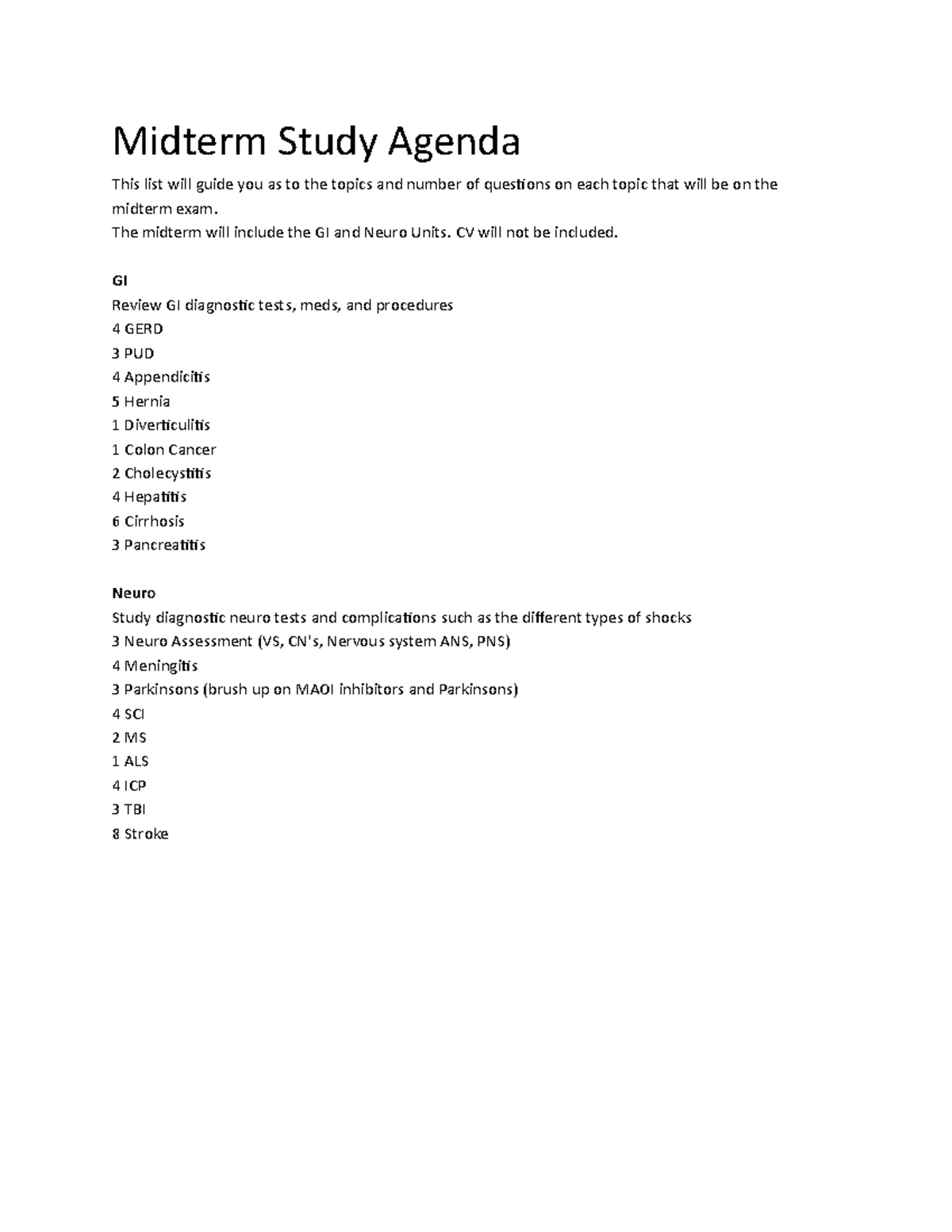 Midterm Study Agenda - Midterm Study Agenda This list will guide you as ...