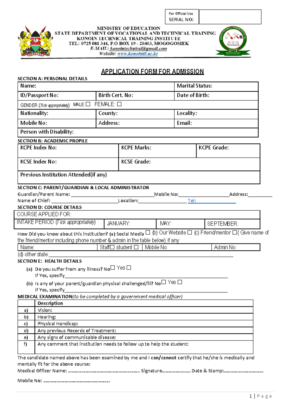 Ko TTI Application FORM FOR Admission - 1 | P a g e For Official Use ...