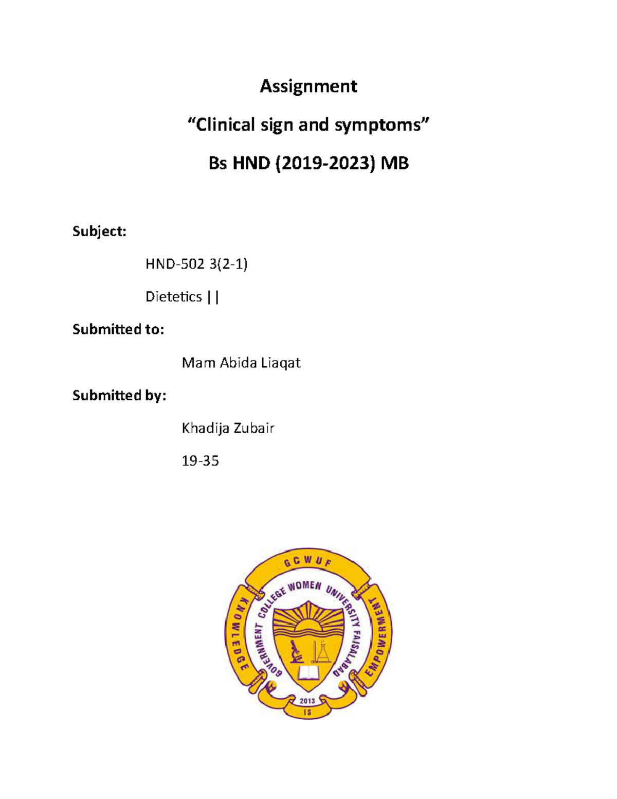 Clinical Sign And Symptoms - Copy - Assignment “Clinical sign and ...