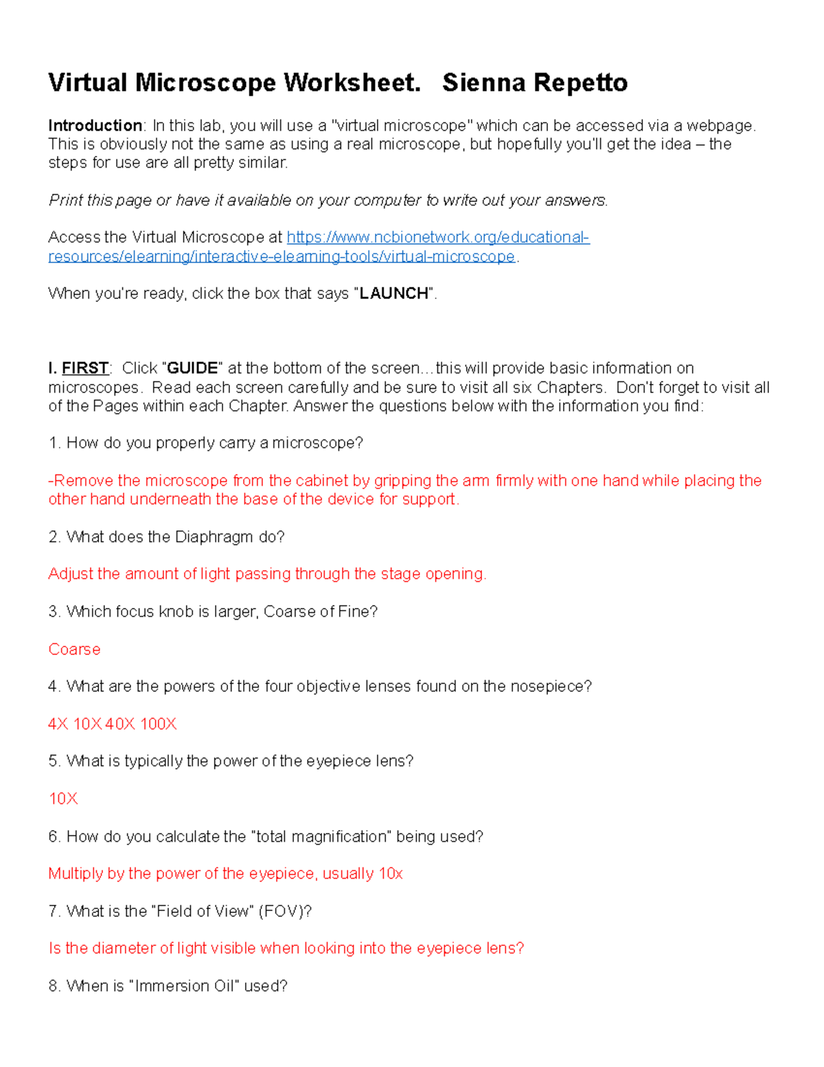 Virtual Microscope Spring 2021 - Virtual Microscope Worksheet. Sienna ...