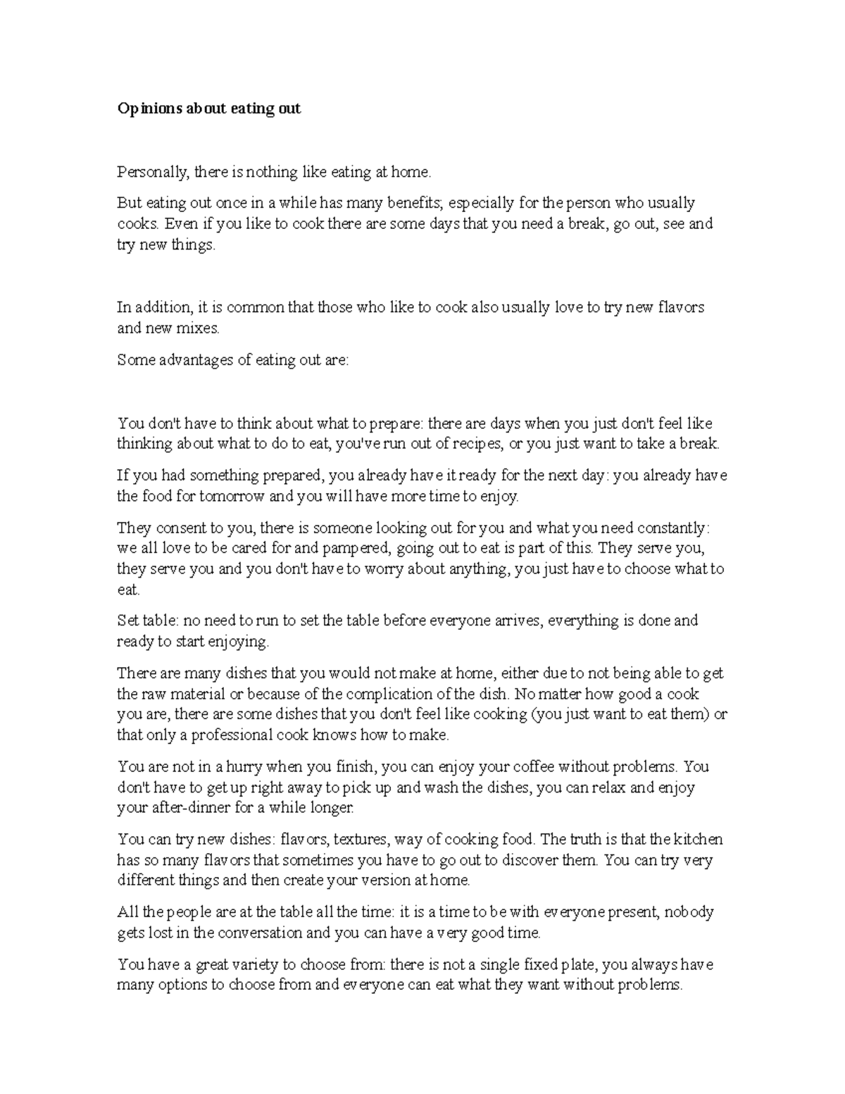 Ingles 3 Opinions about eating out - Opinions about eating out ...