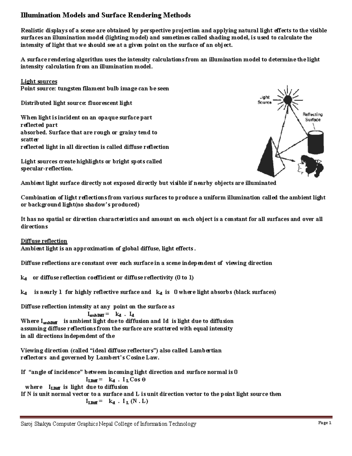 Illumination Models and Surface Rendering Methods 1 - Saroj Shakya Computer Graphics Nepal ...