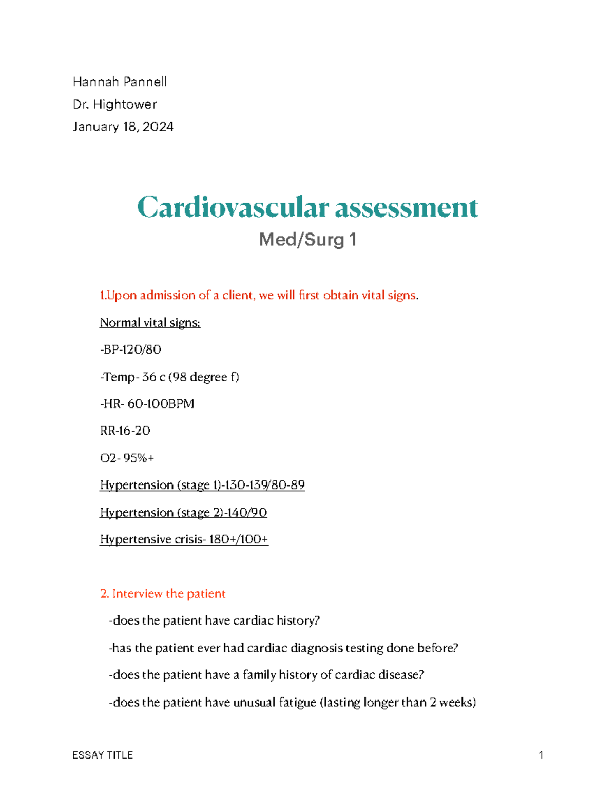 Cardiac assessment - Hannah Pannell Dr. Hightower January 18, 2024 ...