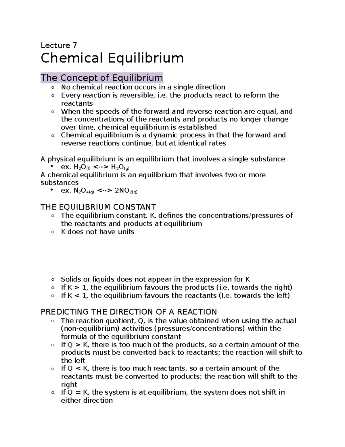 CHM 1311 - Lecture 7 - Lecture 7 Chemical Equilibrium The Concept of ...