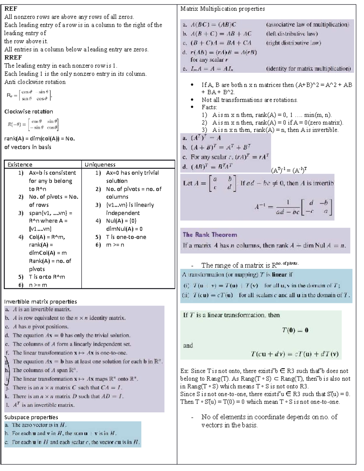 Cheat sheet - REF All nonzero rows are above any rows of all zeros ...