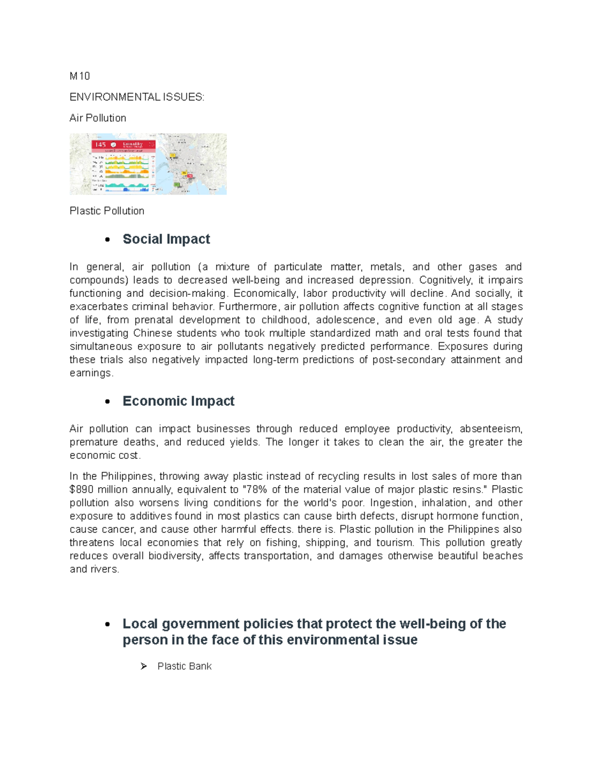 M10 - ENVIRONMENTAL ISSUES: Air Pollution Plastic Pollution - M ...