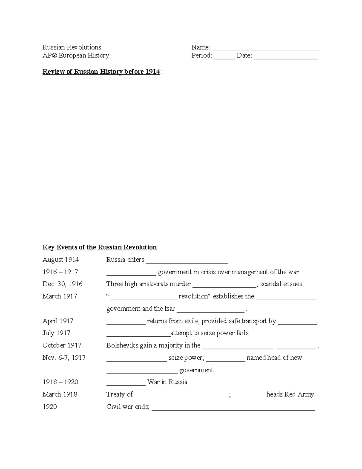 Russian Revolutions Review - Russian Revolutions Name ...