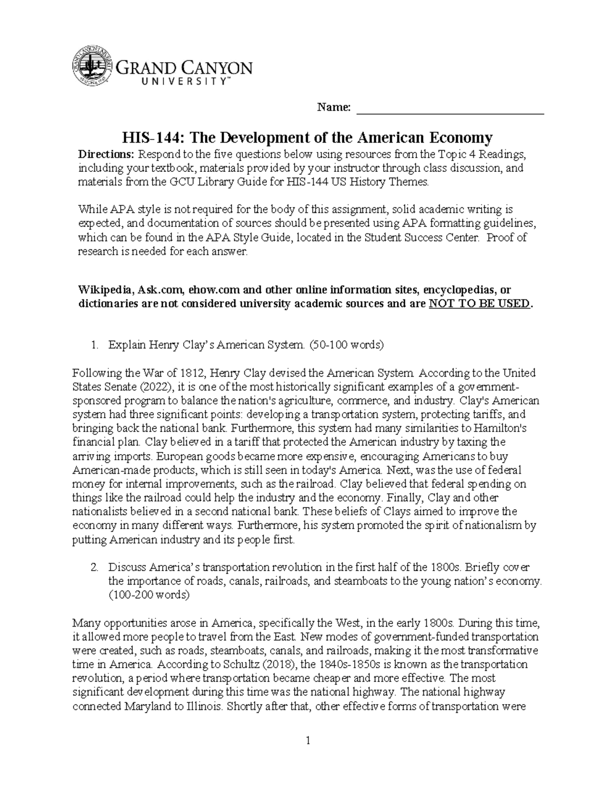 Development of the American Economy Worksheet - Name: HIS-144: The ...