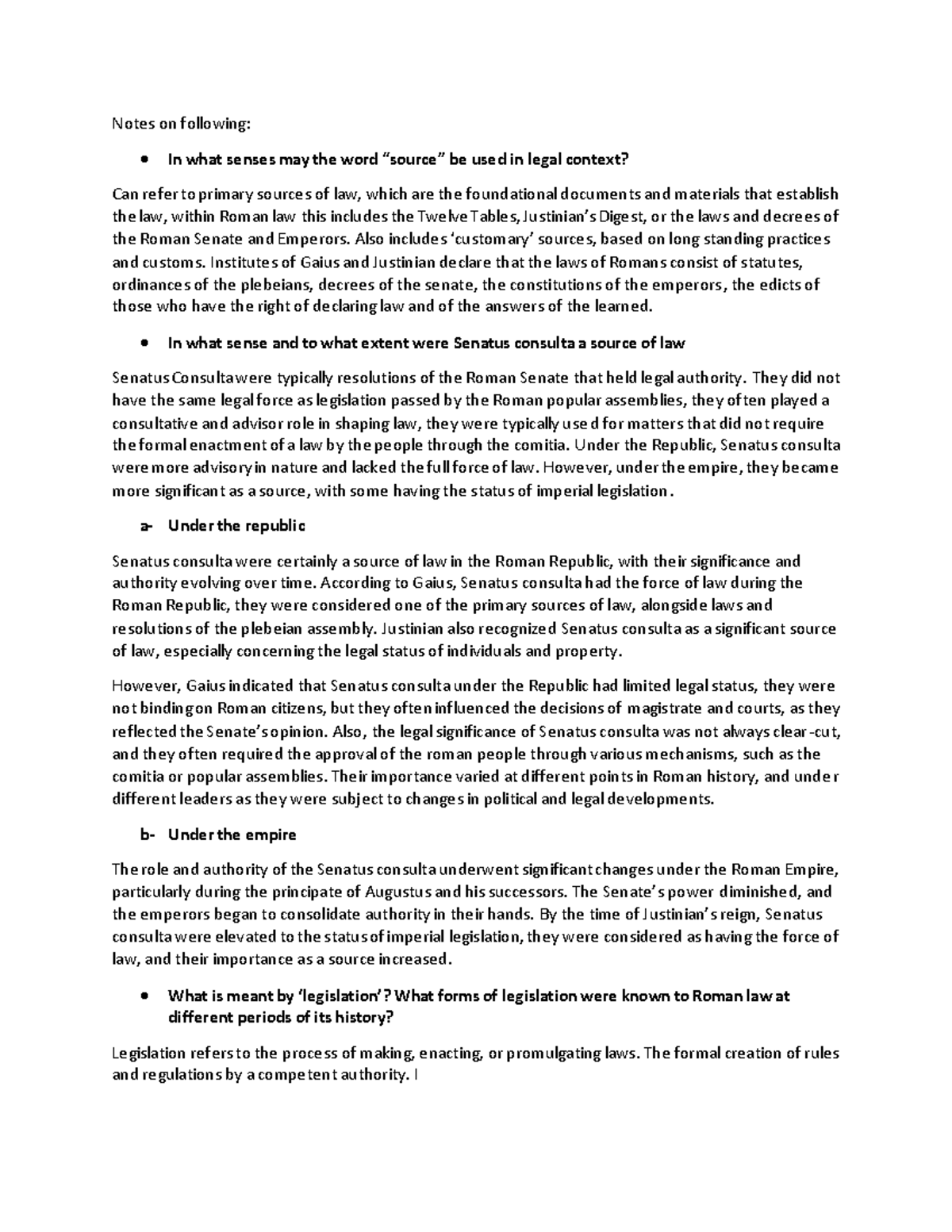 Roman law tutorial one general questions - Notes on following: - In ...