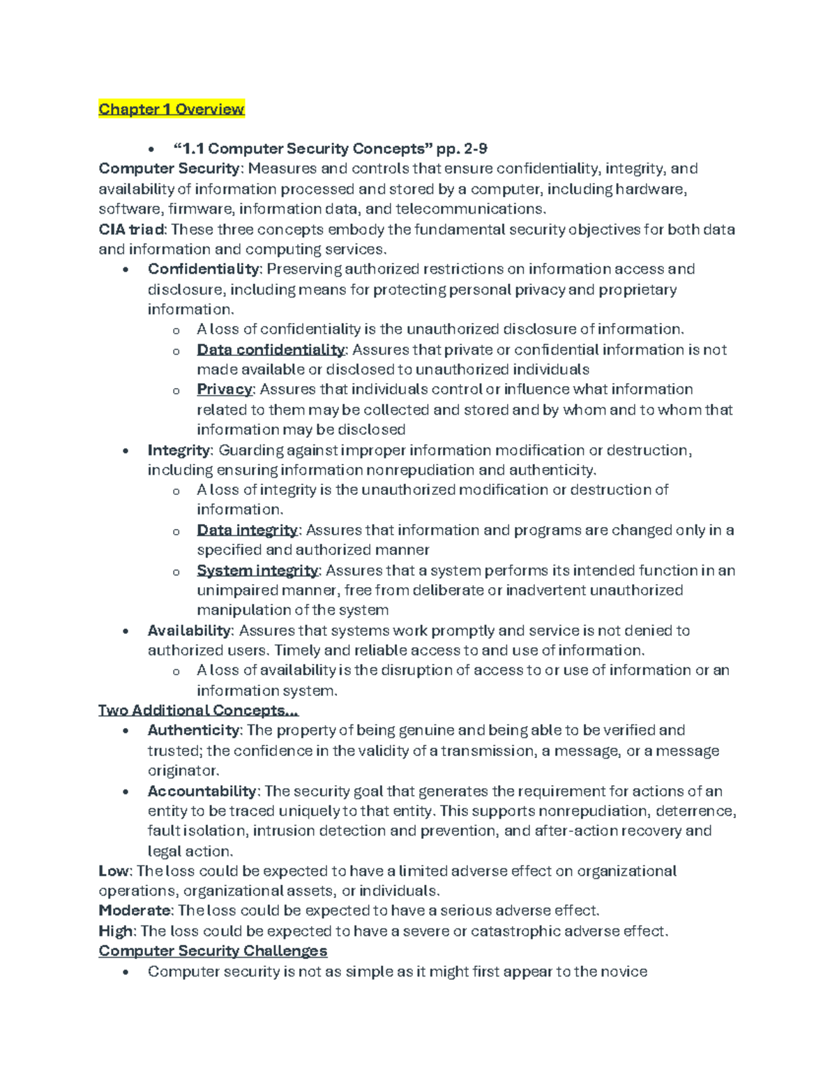 418 Midterm 1 Study Guide - Chapter 1 Overview • “1 Computer Security Concepts” pp. 2- 9 ...