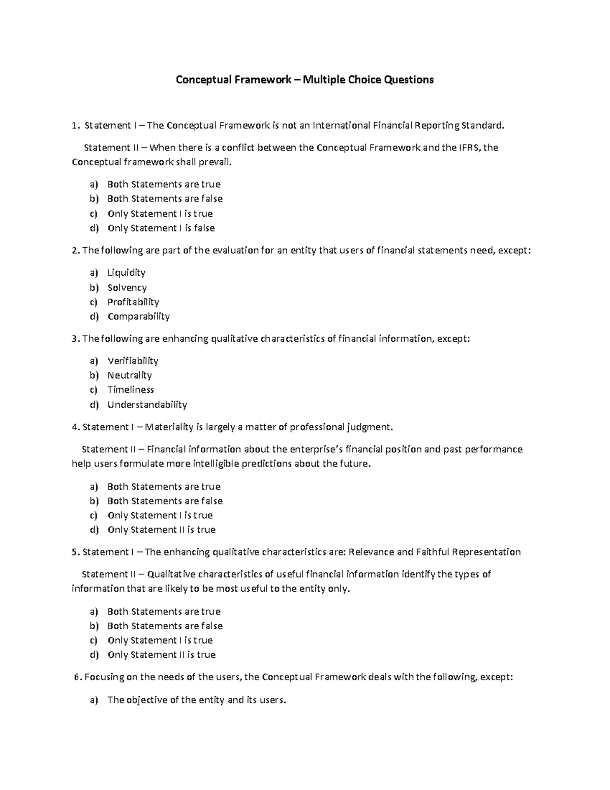 Conceptual-Framework-Quiz - Conceptual Framework – Multiple Choice Questions Statement I – The ...