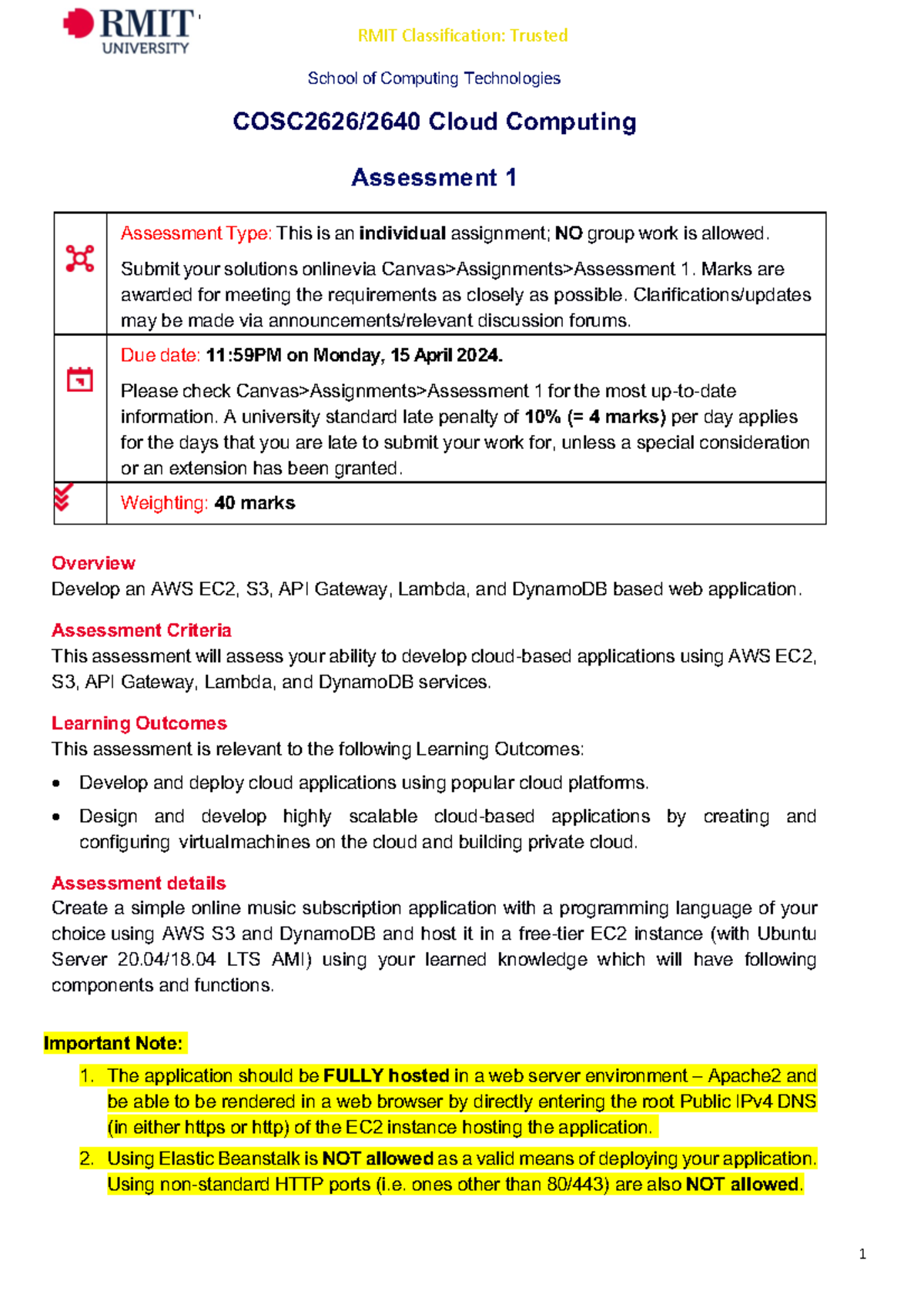 2024 CC Assignment 1 - RMIT Classification: Trusted School of Computing Technologies COSC2626 ...
