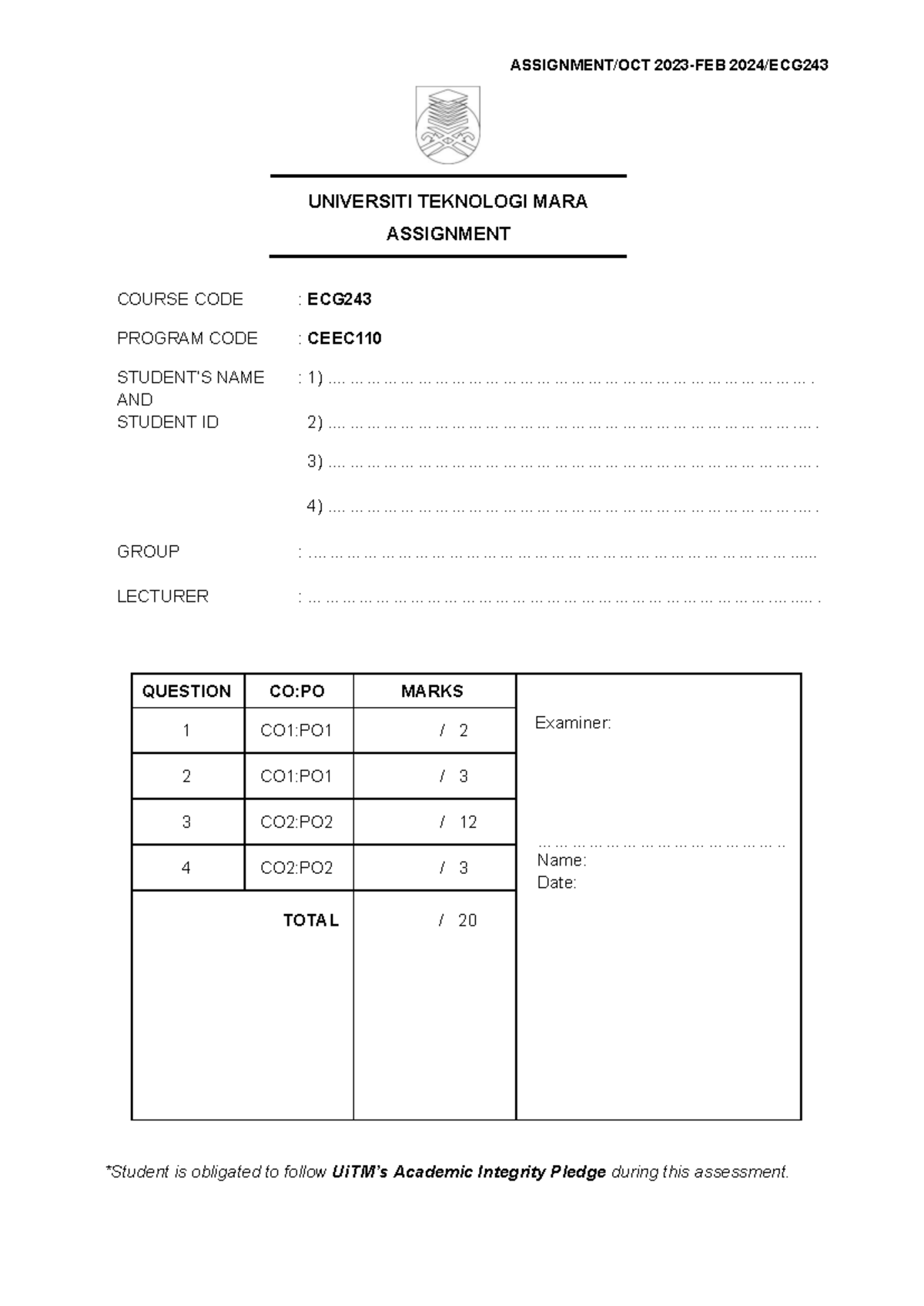 1. Question Cover PAGE OF Answer Assignment ECG243 (DEC 2023 ...