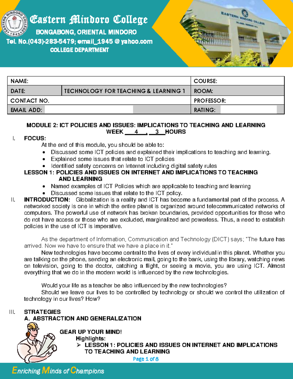 Module 2- Lesson 1 - TECHNOLOGY FOR TEACHING AND LEARNING - Page 1 of 8 ...