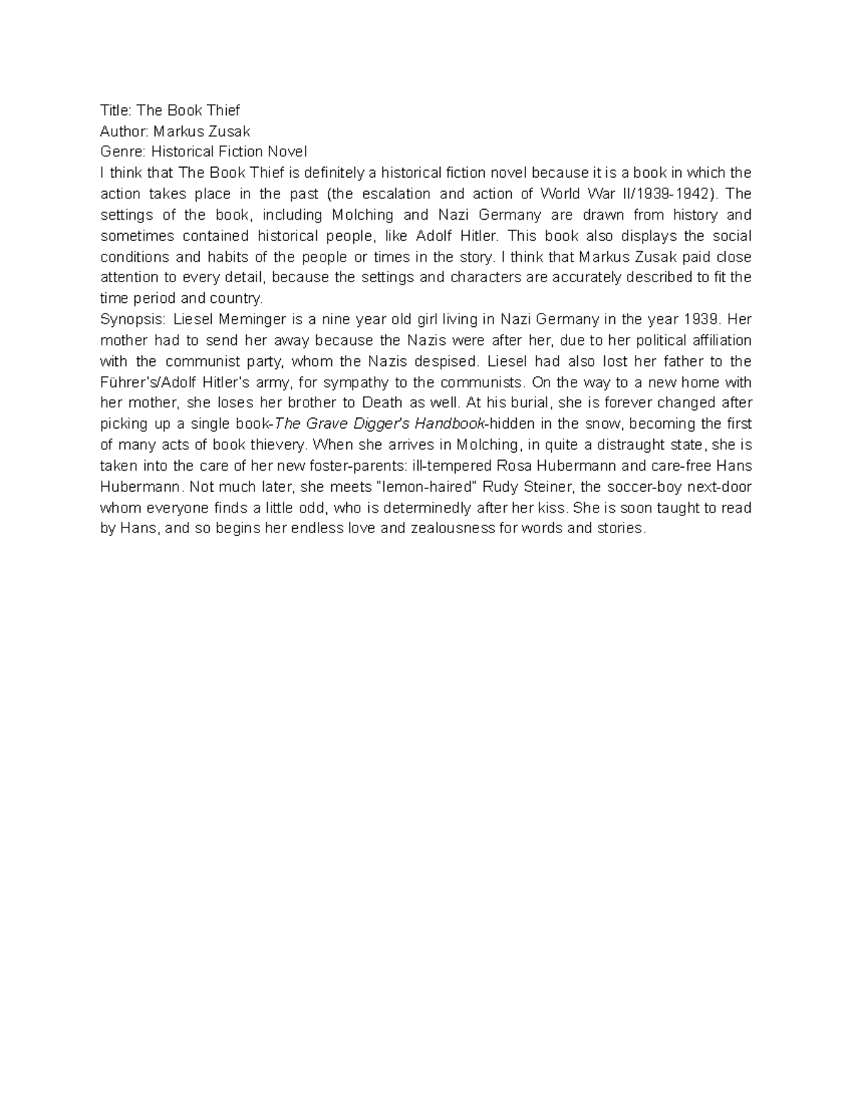 Book Talk - Summary on group reading of the book thief by Markus Zusak ...