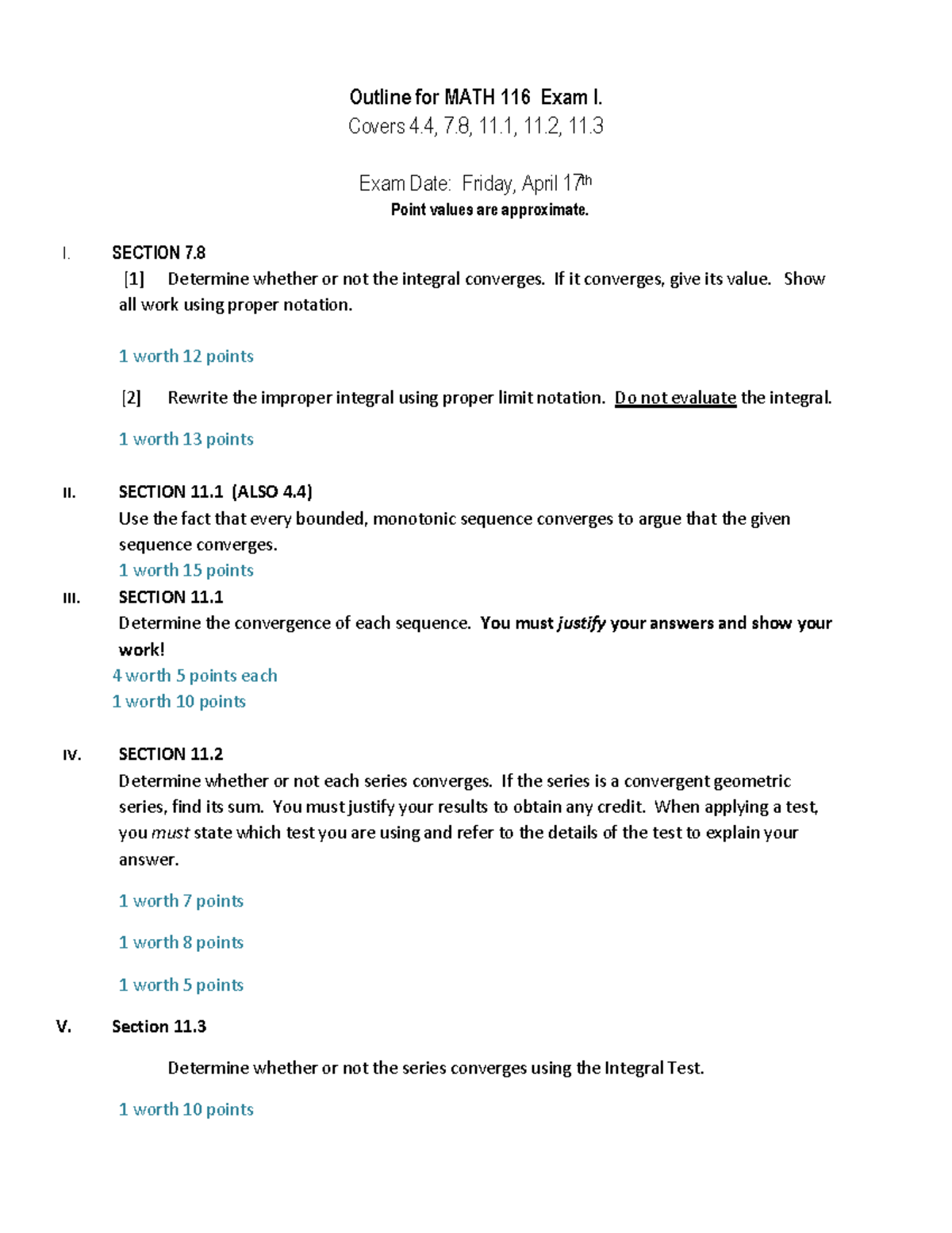 Outline MAT 116 Exam I - Copy - Outline for MATH 116 Exam I. Covers 4 ...