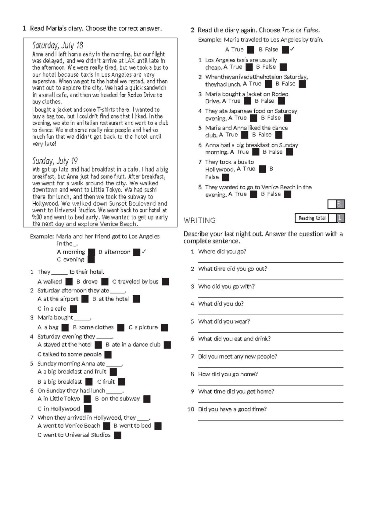 AEF 1 File Test 5 - 1 Read Maria’s diary. Choose the correct answer ...