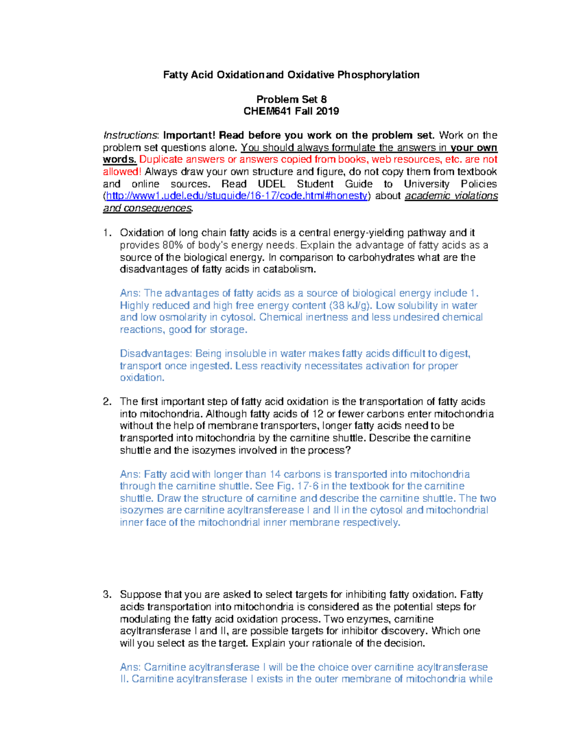 Fall19 Problem set 8 key-1 - Fatty Acid Oxidation and Oxidative Phosphorylation Problem Set 8 ...