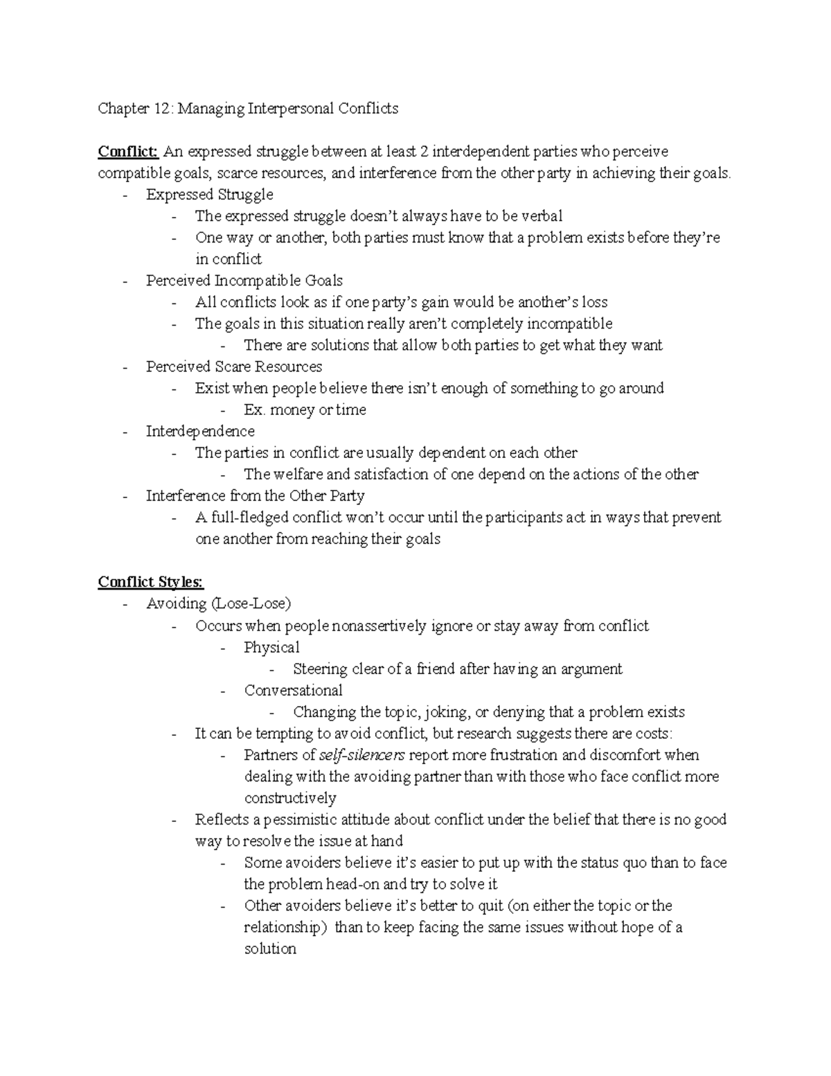 Chapter 12 Managing Interpersonal Conflicts - Chapter 12: Managing Interpersonal Conflicts ...