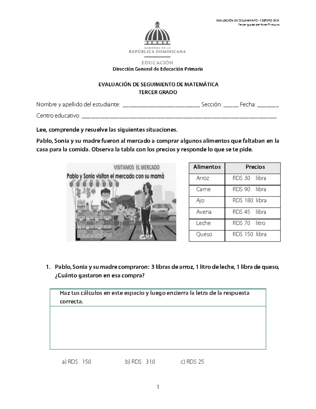 3RO-MAT EVAL-SEG- Primaria - EVALUACIÓN DE SEGUIMIENTO - FEBRERO 2024 ...
